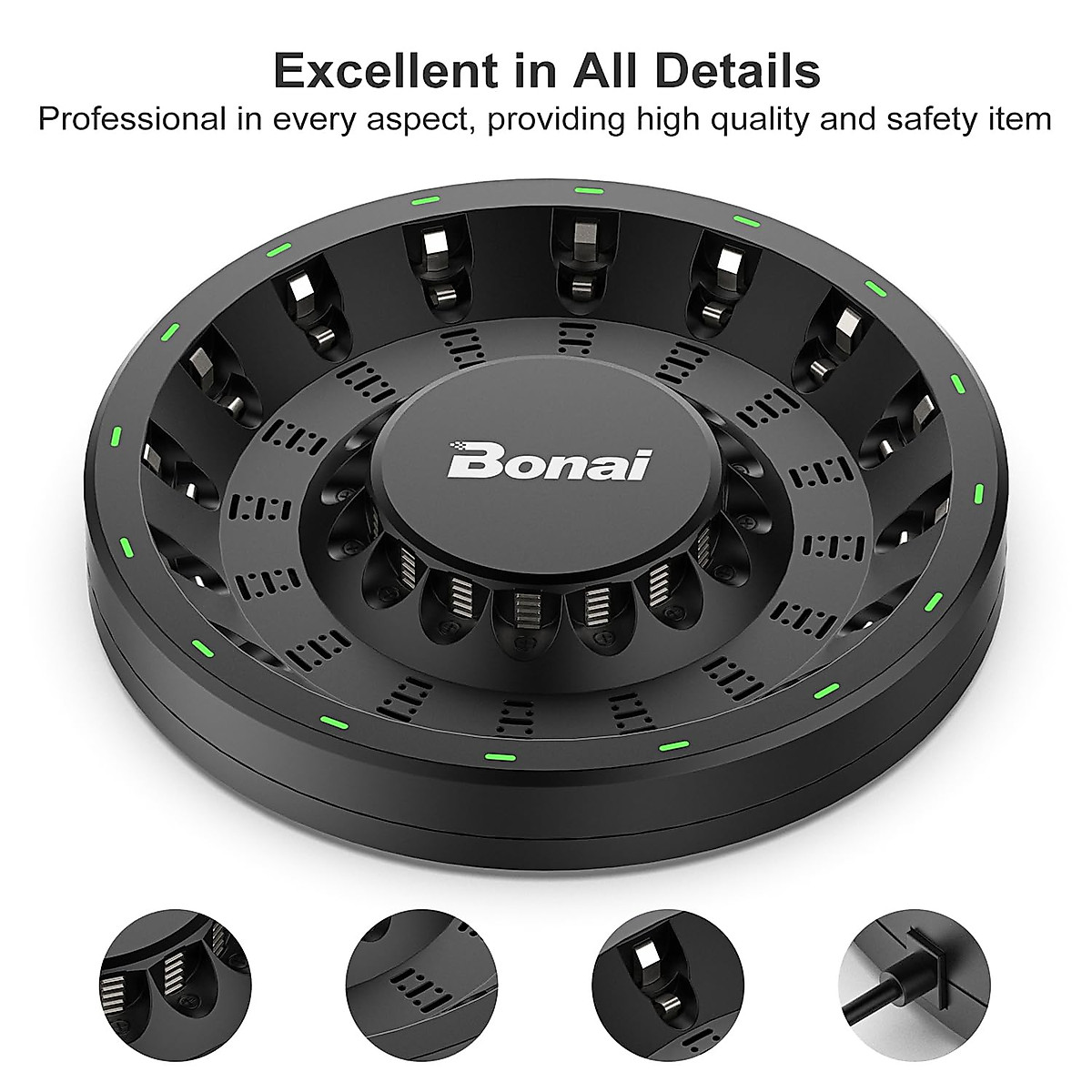 BONAI AA AAA Rechargeable Battery Charger for NiMH NiCD Batteries with AC High-Speed Plug Cable and Smart LED Light