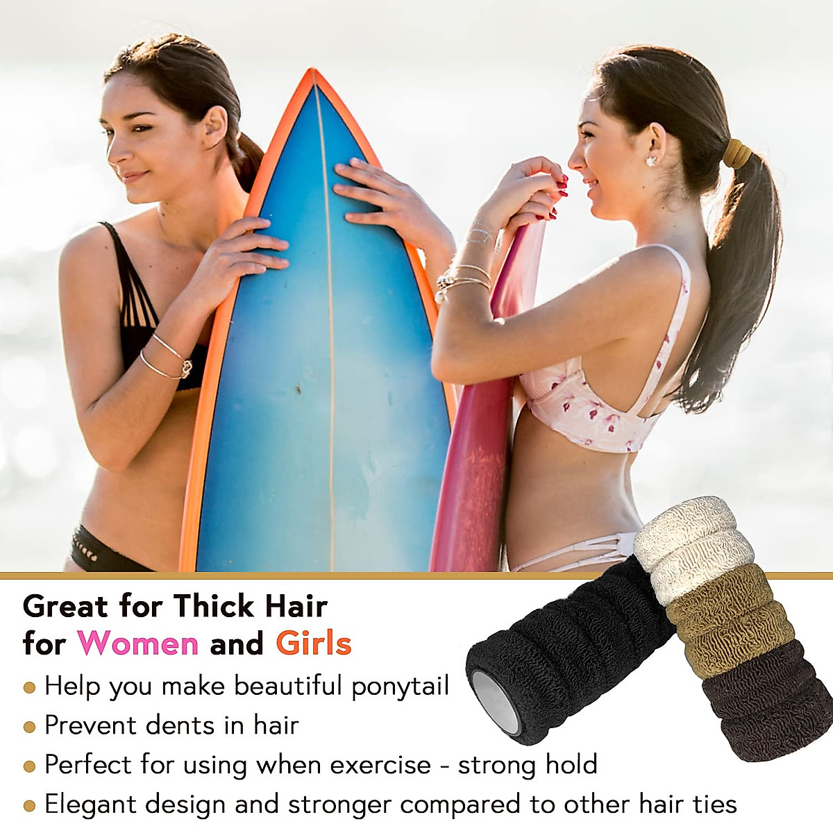 MARY LAVENDER Large Stretch Seamless Terry Cloth Hair Ponies Elastics Ponytail Holders Knit Hair Scrunchies for Thick Hair, Hair Accessories for Women, Girls, Kids - 12 Pcs