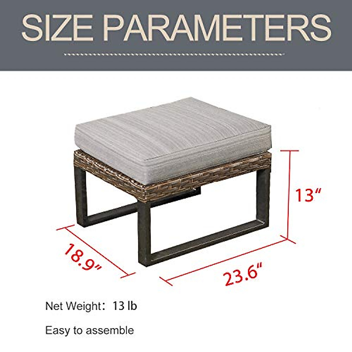 LOKATSE HOME Outdoor Ottoman Footstool Wicker Small Seat Patio Rattan Furniture with Soft Thick Cushion, U Shaped Steel Legs, Gray