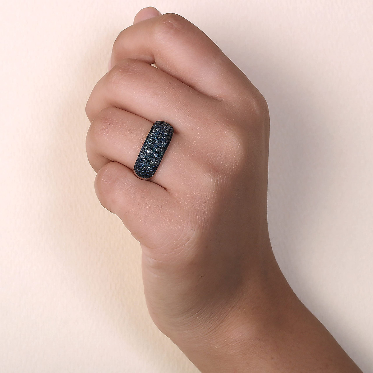 DZON Sterling Silver 1CT TDW Blue Diamond studded Ladies Cocktail Prong Set Right Hand Fashion Anniversary Wedding Multi Row Ring Band for Women (I-J, I2) Ring Size 7