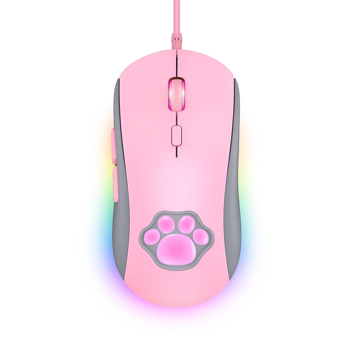 PHNIXGAM Cat Paw RGB Gaming Mouse, Silent Optical Computer Mice USB Wired with 6 Adjustable DPI Up to 7200, RGB Lighting, 6 Programmable Buttons for Windows/Vista/Linux (Pink)