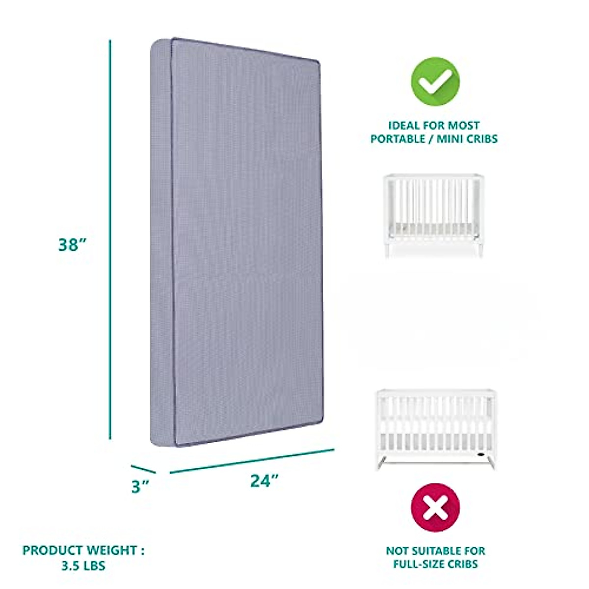 Dream On Me Snuggles Extra Firm Fiber Portable and Mini Crib Mattress in Periwinkle, Greenguard Gold Certified, Soft Breathable Mesh Cover, Lightweight Baby Mattresses for Cribs