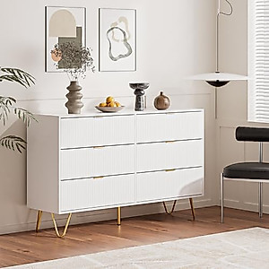 Aobafuir 6 Drawer Dresser, Drawer Chest, Tall Storage Dresser Chest Cabinet Organizer Unit with Metal Legs, Large Dresser for Bedroom, Living Room, Closet, Hallway White Stripe