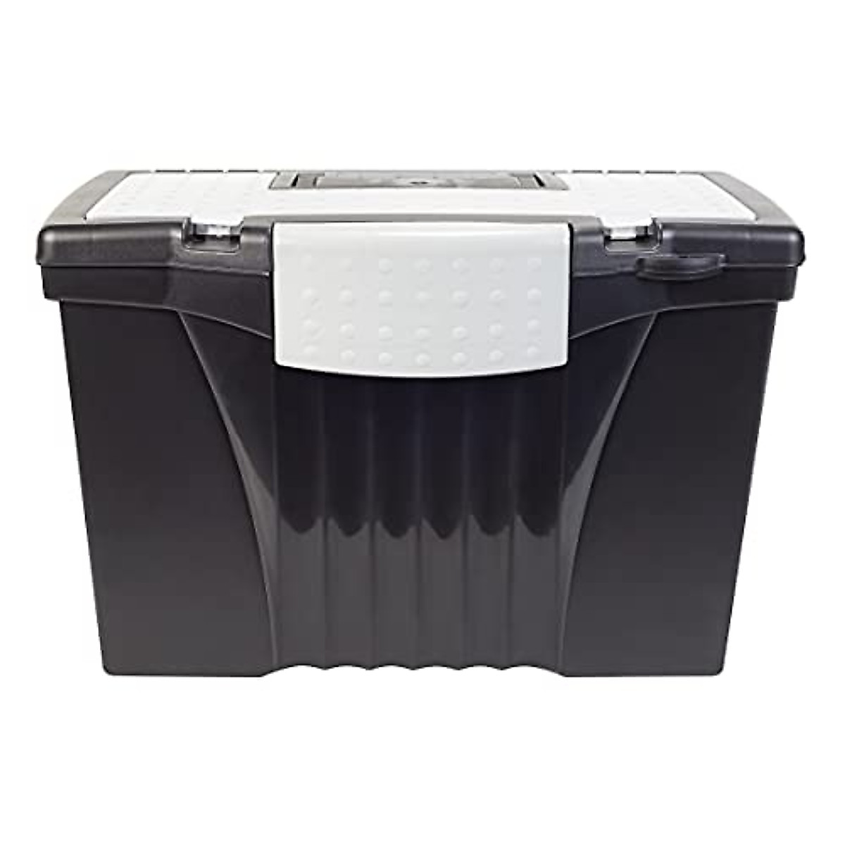 Storex Legal File Box with Organizer Lid – Plastic Office File Storage Box for Letter and Legal Hanging Folders, 17.13 x 9.63 x 11 Inches, Black, 1-Count (61510U01C)