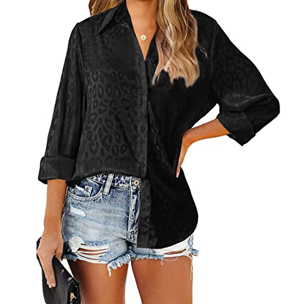 BTFBM Women's Satin Button Down Shirts Roll Up Long Sleeve Lapel V Neck Loose Casual Work Summer Fall Blouse Tops 2023(Leopard Black, Small)