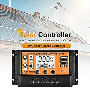 20A Solar Charge Controller, Solar Panel Charge Controller Intelligent Regulator with Dual USB Port 12V/24V,PWM Auto Paremeter Adjustable LCD Display Orange