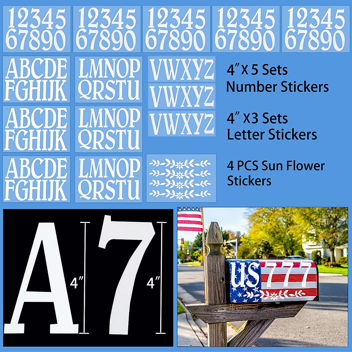 4" 132 Pieces Reflective Mailbox Numbers Letters Stickers for Outside,Self Adhesive Numbers Letters for Mailbox,White Waterproof Vinyl Numbers Letters Decal for Address Door House Cars Trash Bin Home