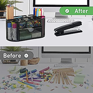 Neudeco Desk Organizers Mesh Desktop Office Supplies Multi-functional Caddy Pen Holder Stationery with 8 Compartments and 1 Drawer + Stapler with 1000 Staples Combo for Office Home School Black