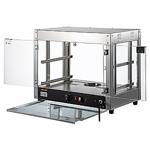 VEVOR Commercial Food Warmer Display, 2 Tiers, 800W Pizza Warmer w/ 3D Heating 3-Color Lighting Bottom Fan, Countertop Pastry Warmer w/Temp Knob & Display 0.6L Water Tray, Stainless Frame Glass Doors