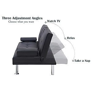 Generic Convertible Sofa Bed, PU Leather, Futon Folding Sleeper Sofa Couches with 2 Cupholders Adjustable Backrest Armrest Black Easy Assemble