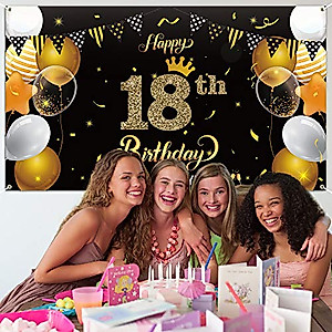 WATINC Happy 18th Birthday Backdrop Banner Cheers to 18 Years Background Banners 78” x 45” XtraLarge Backdrops Balloons Black Gold Party Decorations Supplies for Indoor Outdoor Photo Booth Props