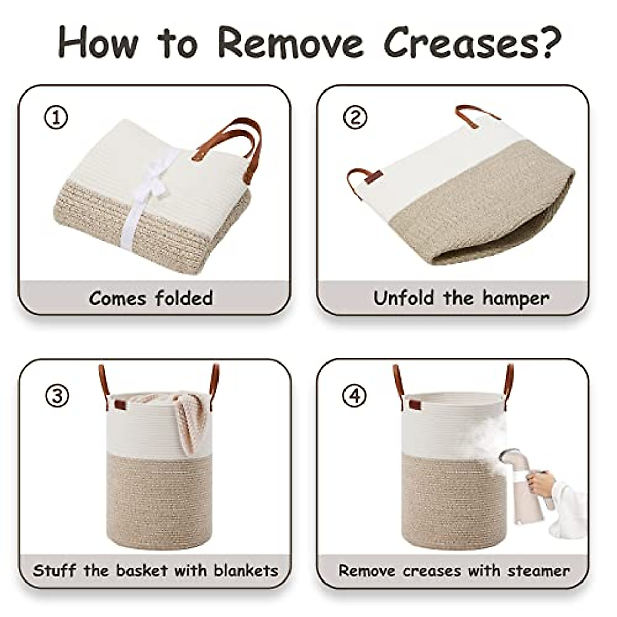 VIPOSCO Tall Laundry Basket, Large Dirty Clothes Hamper with Leather Handle, Woven Rope Storage Basket for Blanket, Toy In Living Room, Bathroom, Bedroom - 58L White & Brown