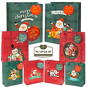 Uptotop Christmas Bags with Gift Tags, 18 Pack Christmas Red and Green Bags Includes 4 Large 6 Medium 8 Small, Xmas Paper Bags for Gift Giving