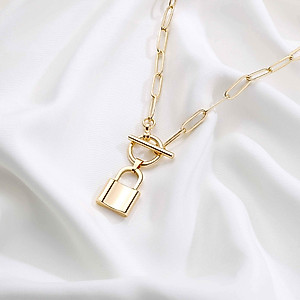 Turandoss Lock Necklace, 14K Gold Plated Padlock Necklace Dainty Link Chain Lock Pendant Necklace Mini Lock Choker Necklaces for Women