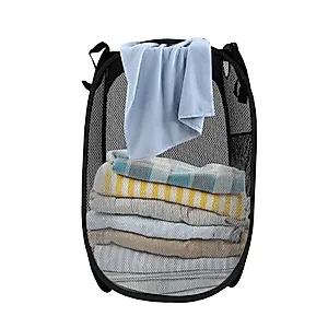 Handy Laundry Collapsible Mesh Foldable Hamper 14" x 14' x 24" with Side Pocket for Laundry Room, Bathroom, Kids Room, College Dorm or Travel Black