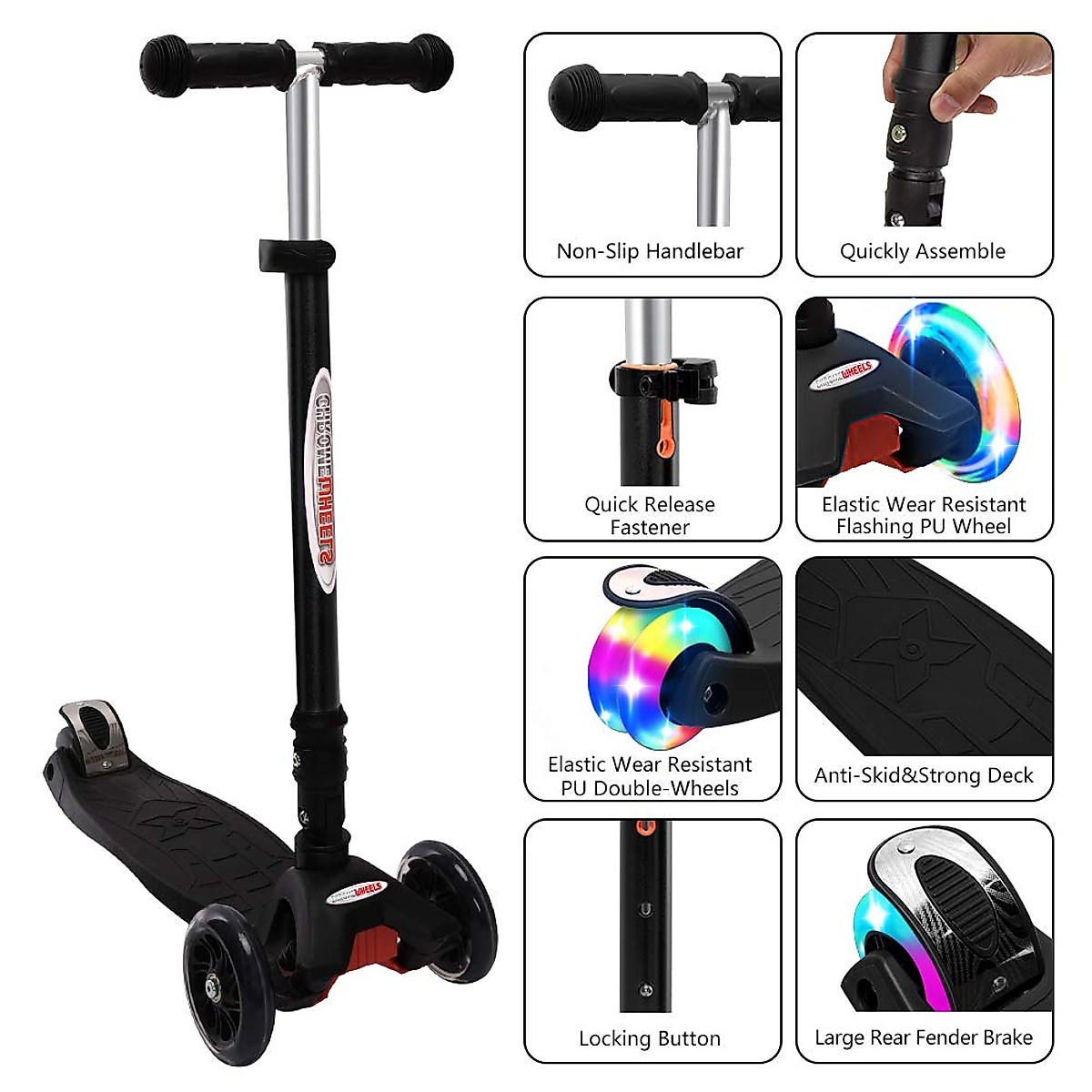 ChromeWheels Scooters for Kids, Deluxe Kick Scooter Foldable 4 Adjustable Height 132lbs Weight Limit 3 Wheel, Lean to Steer LED Light Up Wheels, Best Gifts for Girls Boys Age 3-12 Year Old, Black