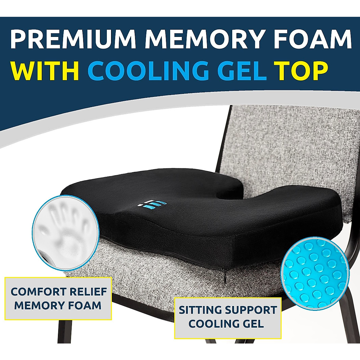 Ergonomic Innovations Gel Enhanced Memory Foam Seat Cushion for Office Chair, Coccyx Lower Back Support Tailbone Pain Relief Cushions, Work Chair Pad Pillow, Sciatica, Butt, Desk Chair Cushion
