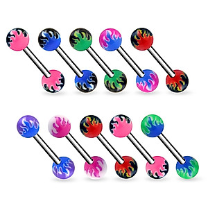 14Gx9/16 (1.6x14MM) 316L Surgical Steel Straight Barbell with 5MM UV Flame Ball Tongue Piercing Rings - 10 Pieces Assorted Color as Show