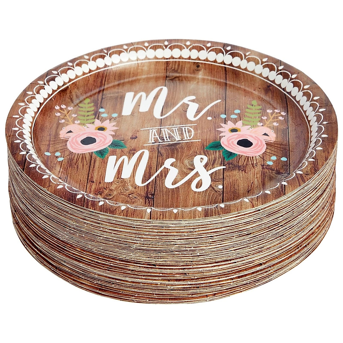 BLUE PANDA 80-Count Wedding Paper Plates, Disposable Mr and Mrs Rustic-Style Reception, Bridal Shower, Country Wedding Decorations, Engagement Party Supplies (9 in) Bulk Pack