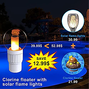Pool Chlorine Floater, Chlorine Dispenser with Solar Pool Lights Ball, Extra-large Capacity Chemical Bromine Holder of 4* 3"Chlorine Tablets with Flame Solar Lights Outdoor for Spa/Hot Tub/Pool/Garden