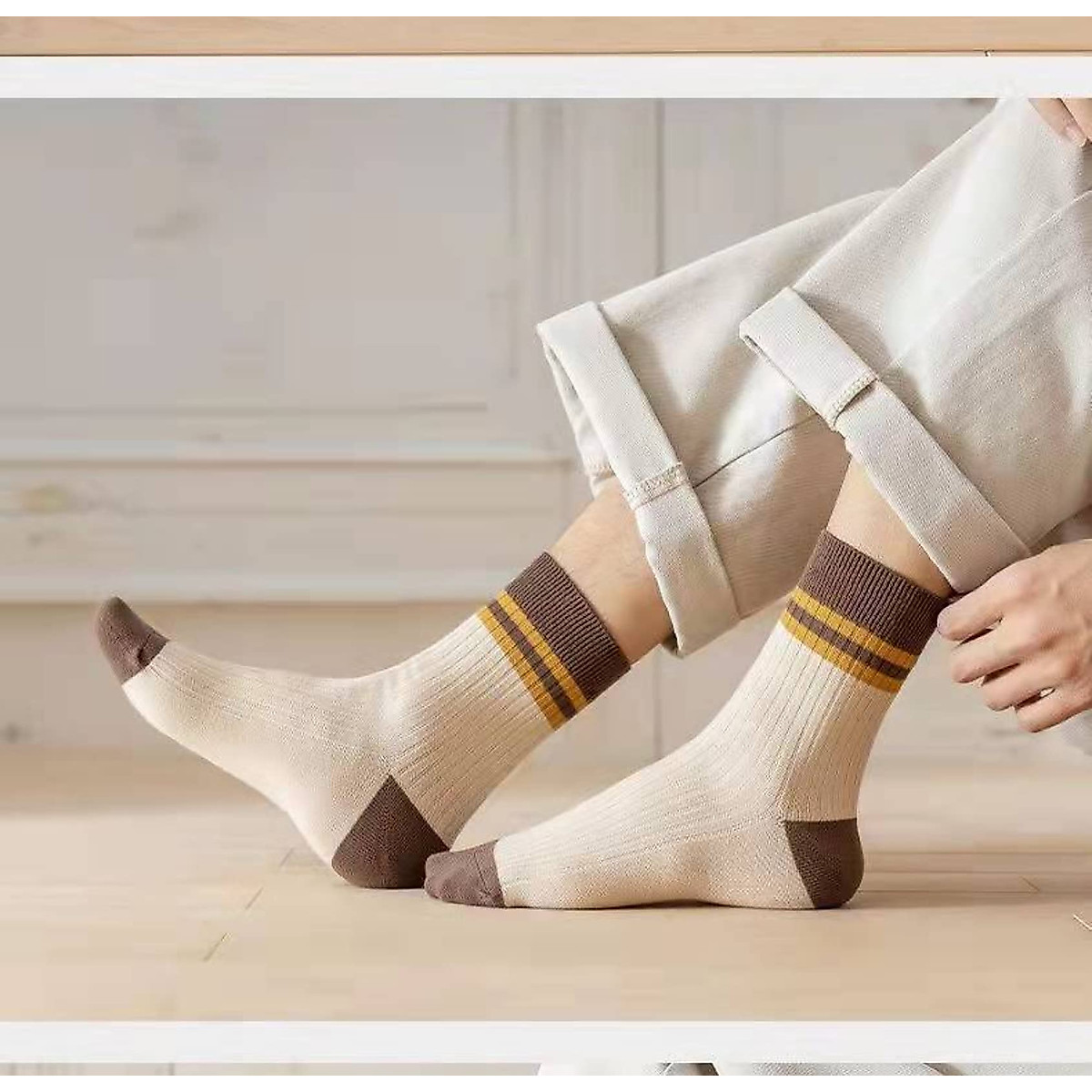 ZINDE 6 Pairs Soft Cotton Socks for Women Girl Thick Knit Breathable Cute Stripe Fashion Above Ankle Crew Socks Set (6 Pairs-08)