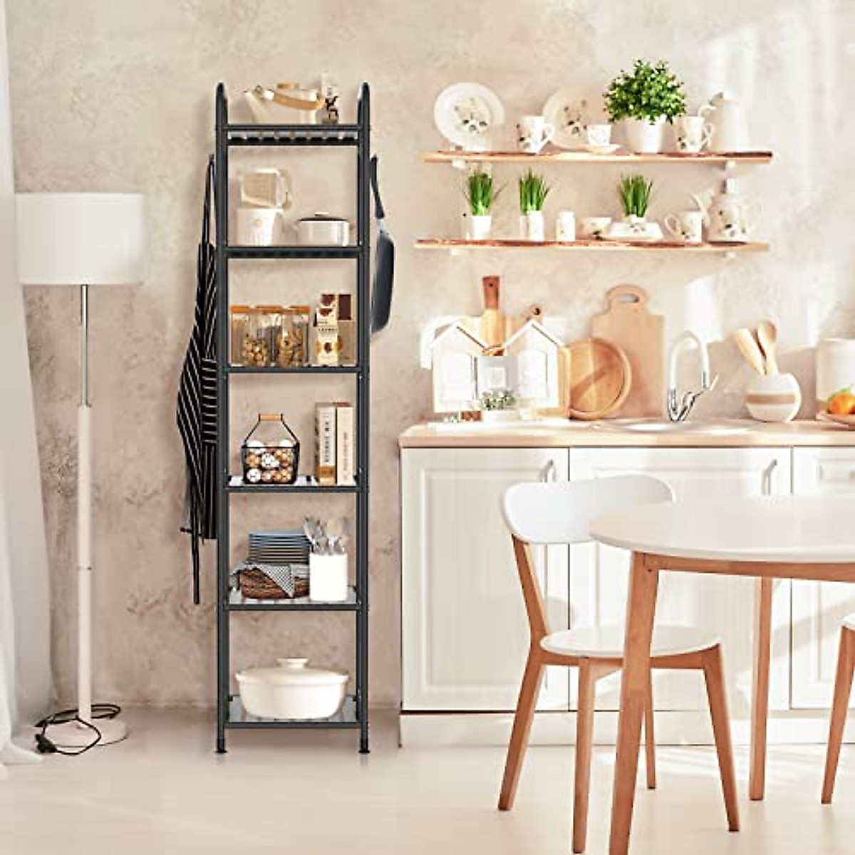 6 Tier Narrow Metal Bathroom Towel Storage Shelving Unit with 10Pcs S Hooks, Freestanding Corner Rack Shelves for Small Spaces, Practical Shelf Bookshelf for Bedroom Pantry Laundry Kitchen (Black)…