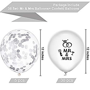 35 Pieces Wedding Balloons Romantic Mr Mrs Balloons Rose Gold Confetti Balloon for Wedding Anniversary Engagement Party (White)