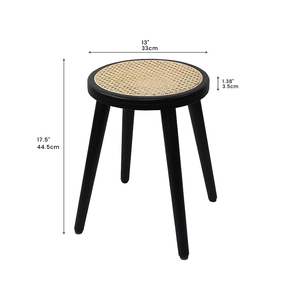 [PJ Collection] Natural Rattan Stool, Handcrafted Wood, Lightweight, Hand-Woven, No Tool Assembly (Round, Black)