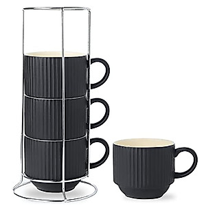 Hasense Coffee Mug Ceramic Set of 4 with Stand - 15 oz Stackable Large Porcelain Ribbed Latte Cup Set for Cappuccino, Tea, Hot Cocoa, Drinks - Dishwasher & Microwave Safe, Black