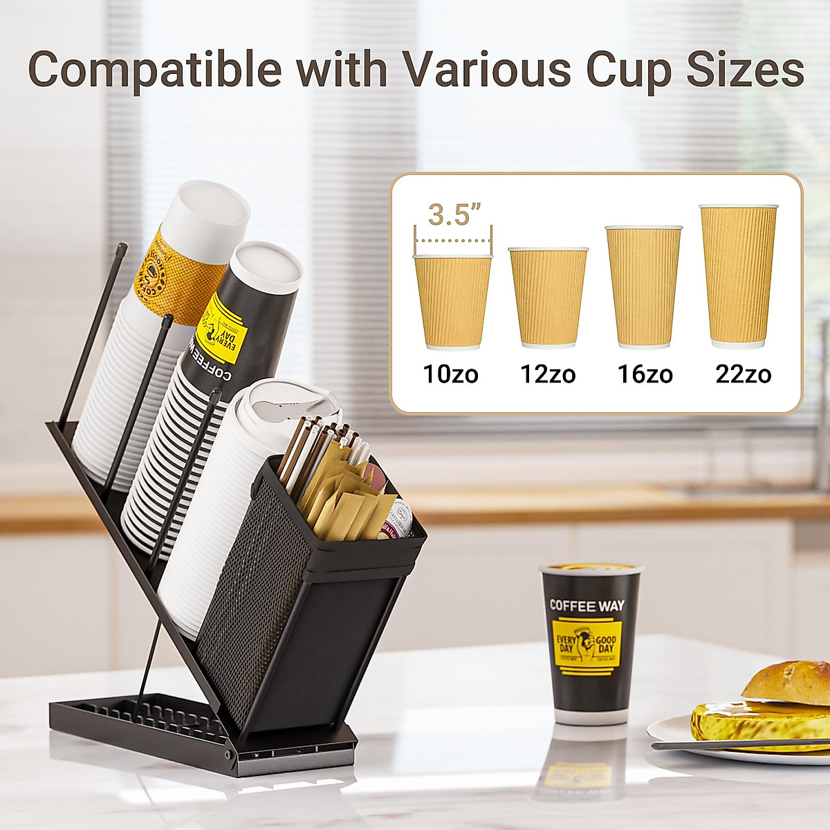 Dunatou Cup and Lid Holder, Adjustable Coffee Cup Holder Organizer, 4 Compartment Coffee Cup Dispenser, straw dispenser for Countertop Coffee Station Bar Office Breakroom, Black