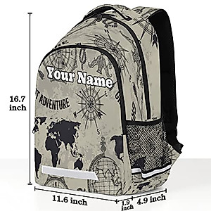 Herdesigns Custom Vintage Backpack for Men Women with Name Personalized Map Globe Compass School Bookbag Backpacks Customized Travel Casual Daypack Laptop Bag