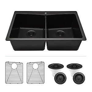 33" x 22" Quartz Kitchen Sink, Double Bowl Kitchen Sinks, Drop in sink, Undermount Sink, Galaxy Black Kitchen Sink, Double Sink Kitchen, Grids, Strainer and Flange, Lexicon Platinum LP-800TM-K