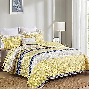 Boho Quilt Set Queen Size Yellow Bohemian Quilt Bedding Set Striped Lightweight Summer Bedspread Coverlet Bedding Set 96"x90" (3 Pieces)