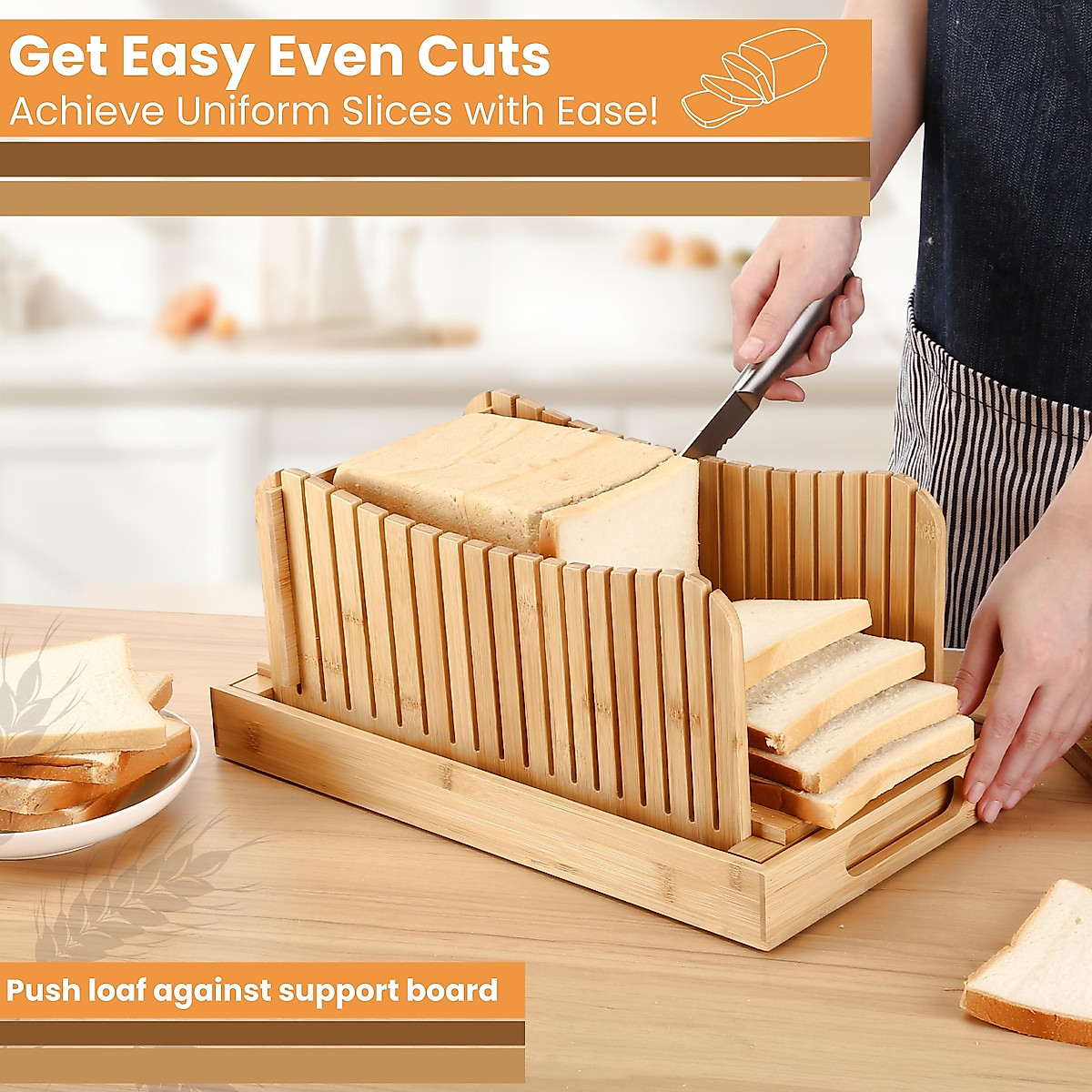 Deen Dynamics Premium Bamboo Bread Slicer for Homemade Bread, Bread Slicer with 3 Slice Thickness, Foldable bread slicer with Stainless steel knife and Compact Chopping Cutting Guide with Crumb Tray