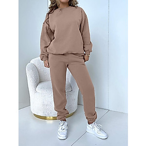Alunzoem Tracksuit for Women Set Sweat Suit 2 Piece Pullover Solid Sweatshirt Long Pants Outfits Lounge Set Khaki M