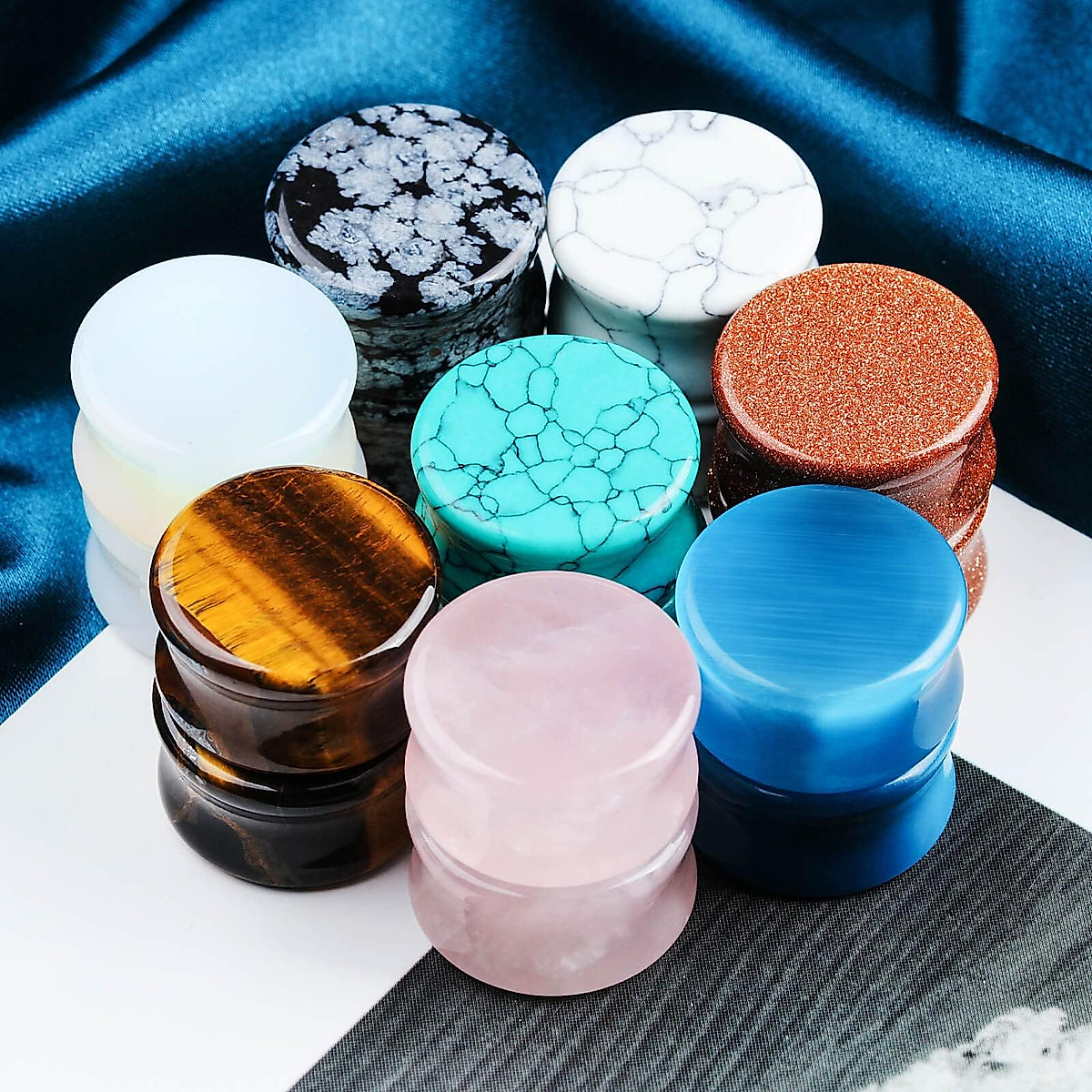 CABBE KALLO Natural Stone Ear Plugs Stretching Gauges Kit,16Pcs Mixed 6MM-20MM Saddle Double Flare Tunnel Unisex Earrings Ear Gauges, Tunnel Plug, Gauges for Women Stone Ear Tunnels & Saddle Plugs Set Ear Gauge Stretching Kit(1/2" (12mm))