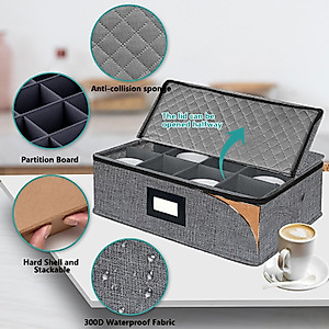 VERONLY Quilted Cup and Mug Storage Box, China Storage Containers with Zipper Lid and Handles, Holds 12 Coffee Mugs and Tea Cups, Hard Shell and Stackable for Dinnerware Storage, Transport (Dark Grey)