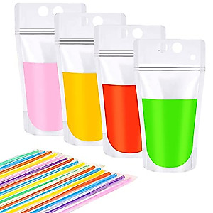 LOMIMOS 50 PCS Stand-Up Plastic Drink Pouches,Reusable Heavy Duty Hand-Held Translucent Reclosable Zipper Drink Bag with 50 Straws for Smoothie Juice Adult Party