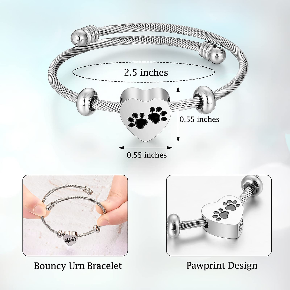 abooxiu Stainless Steel Cremation Bracelet, Heart Ashes Holder with Paw Print, Memorial Urn Bracelet for Cat Dog