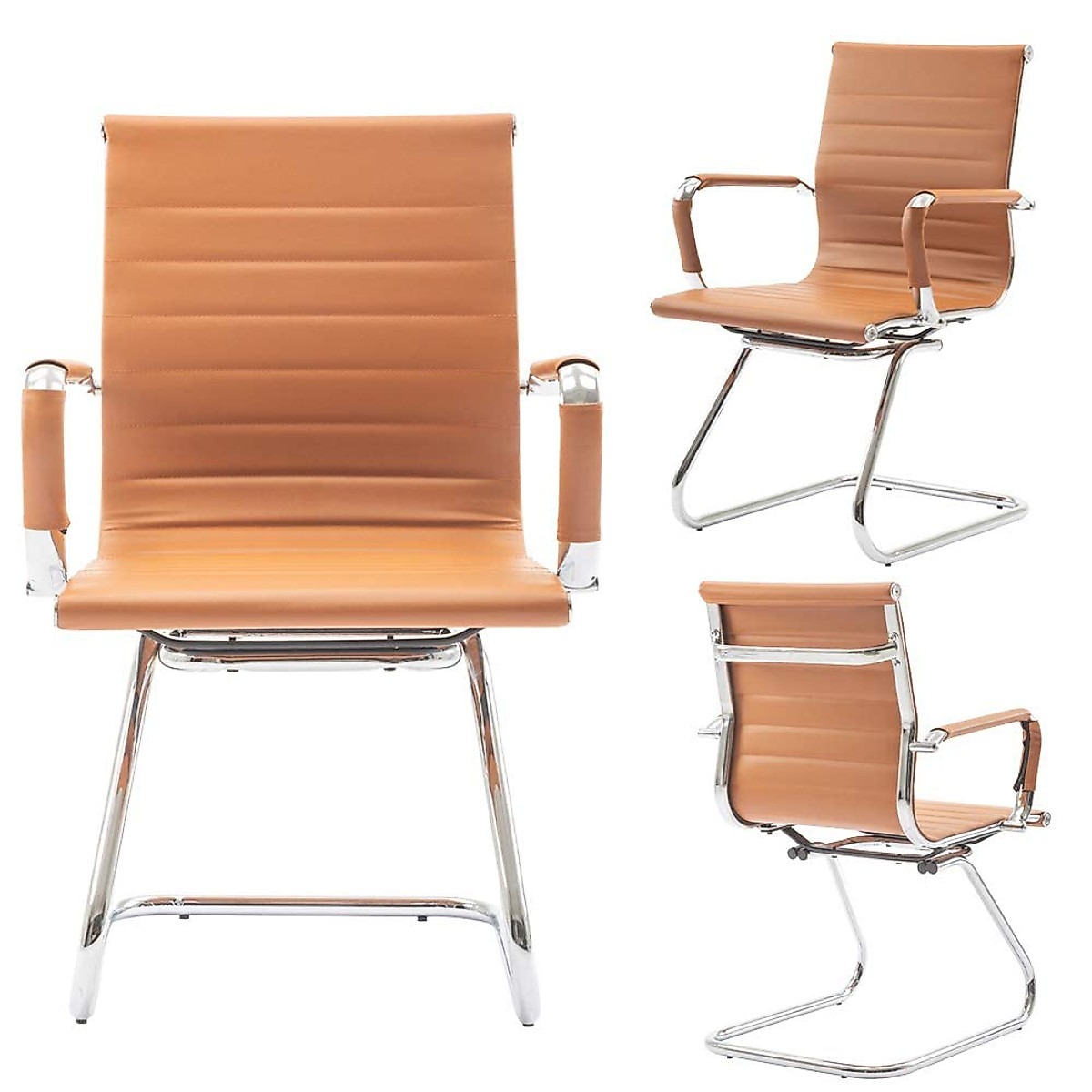 HNY Leather Office Guest Chairs & Reception Chairs Set of 6, Modern Waiting Room Chairs with Arms, Desk Chair no Wheels with Sled Base for Waiting Room/Conference Room, Cognac