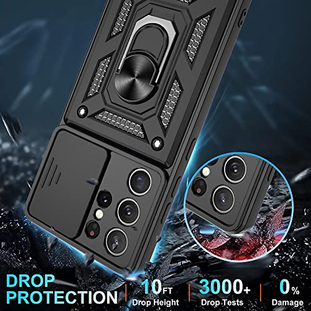 Compatible with Samsung Galaxy S21 Ultra case,S21 Ultra Case with HD Screen Protector with Slide Camera Cover, 360°Rotation Ring Kickstand [Military Grade] Case for Galaxy S21 Ultra,Black