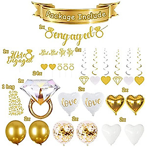 Engagement Party Decorations Sparkly Gold Engagement Decorations, Engaged Banner, Cake Decorations, Confetti, Ring Balloons for Wedding Engagement Party Decor
