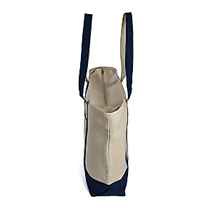 Heavy Duty Cotton Canvas Reusable Tote Bag with with an External Pocket and Top Zipper Closure