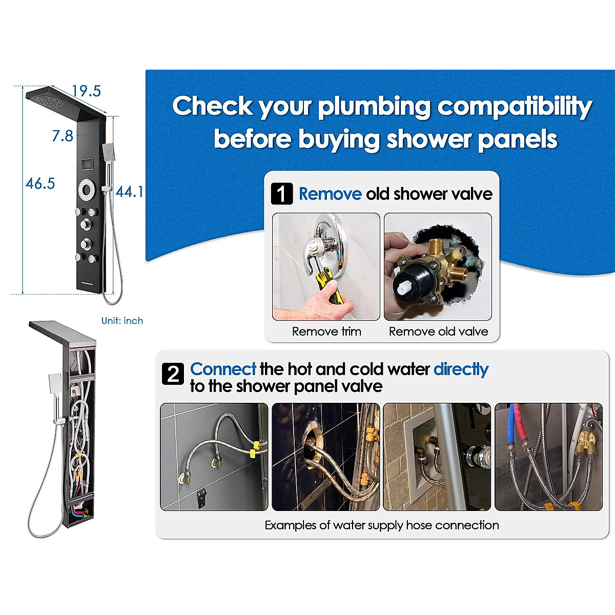ROVOGO No Battery Needed Shower Panel System with Led Lights, MIST & RAIN Shower, 5 Body Jets, Handheld, Tub Spout and Temperature Display, Water Powered Led Shower Tower Column Stainless Steel, Black