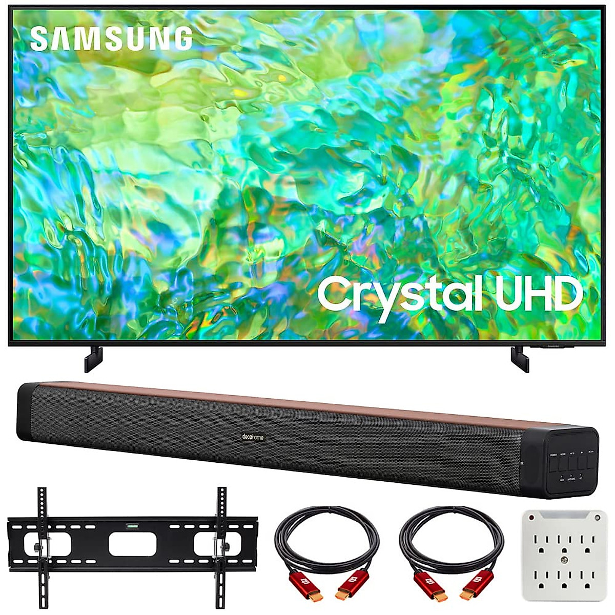 SAMSUNG UN55CU8000 55 inch Crystal UHD 4K Smart TV Bundle with Deco Home 60W 2.0 Channel Soundbar, 37"-100" TV Wall Mount Bracket Bundle and 6-Outlet Surge Adapter (2023 Model)