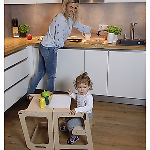 Foldable Montessori helper tower - Table & Chair with Chalkboard All-In-One (Natural lacquered)