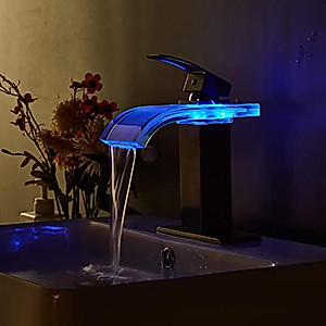 LOOPAN Waterfall Bathroom Faucet LED Light with Pop up Drain, 1 Hole Single Handle Bathroom Faucet Brushed Nickel with 3 Light Changing, Single Hole Deck Mounted Basin Tap Faucet