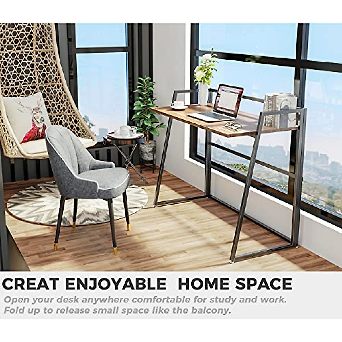 41 Inch Small Walnut & Black Folding Computer Desk, Sturdy Heavy Duty Foldable Table for Small Spaces Home Office Bedroom Outdoor Work Study Writing Collapsible Portable with Metal Legs, EPA Certified