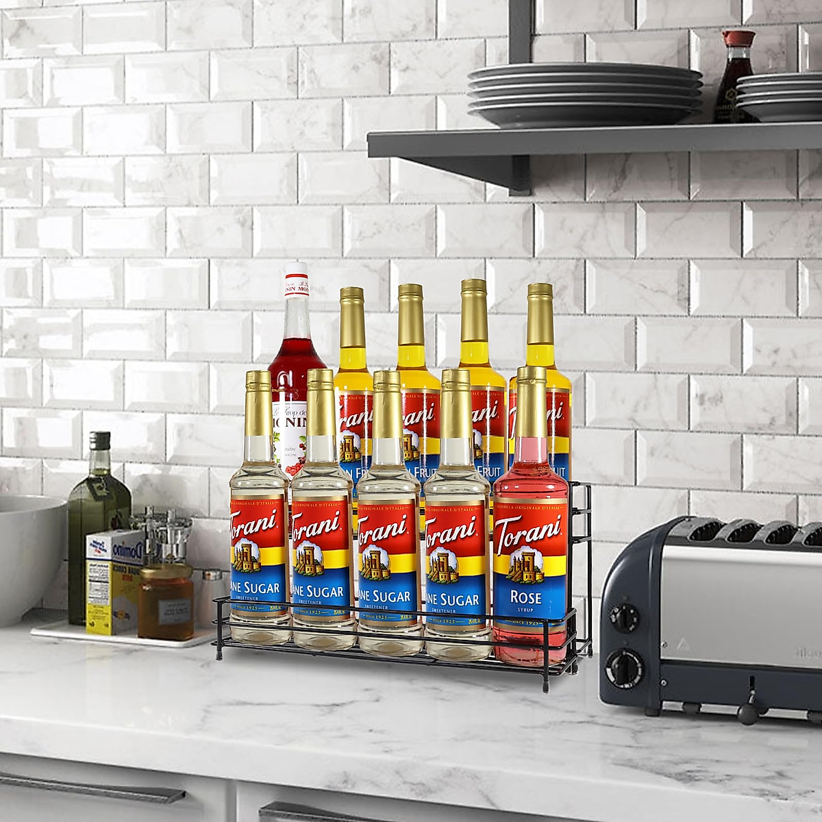 Coffee Syrup Organizer Rack, 2 Tier Coffee Syrup Stand Holder for Coffee Bar, 10 Bottles Wine Bottle Holder, Coffee Station Organizer Storage Shelf for Cocktail, Dressing, Coffee Bar Accessories