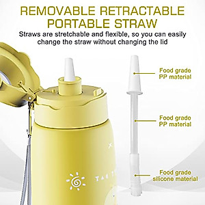 TAYUQEE Stainless Steel Thermo Cup, 470ml Kids Fingerprint Vacuum Insulated Bottles with Straw, USB Rechargeable Traveler Water Bottle - Yellow